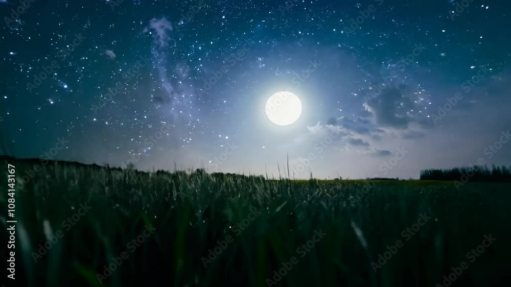 A 360-degree video of a moonlit open field with tall grass, illuminated ...