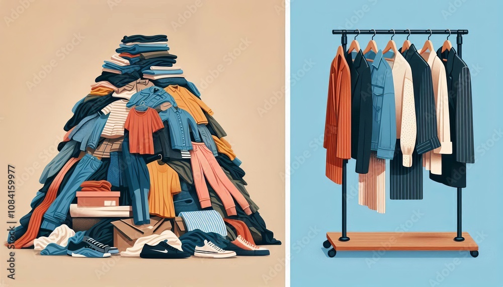 Comparison of fast fashion pile vs curated sustainable capsule wardrobe ...