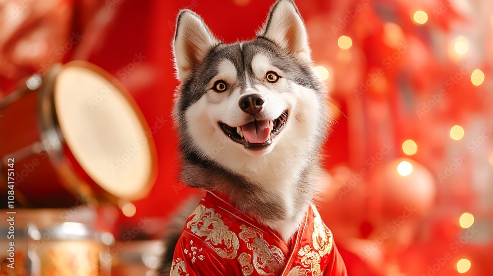 Happy Siberian Husky Dressed in Traditional Red Outfit with Chinese ...