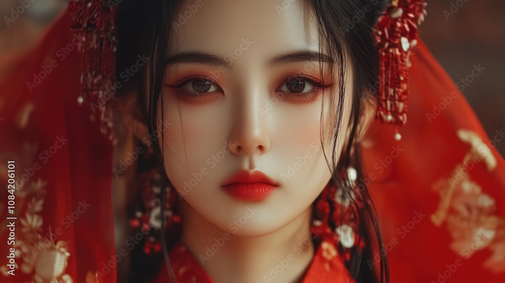 Young chinese woman traditional beautiful make up face background ...