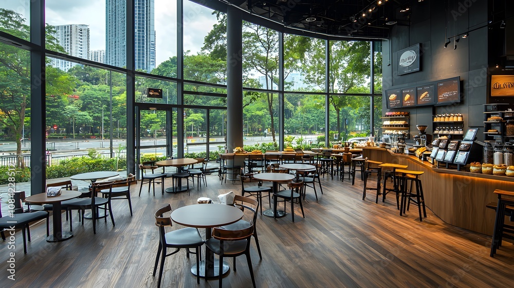 Elegant cafe design with specialty coffee drinks and an open bakery ...