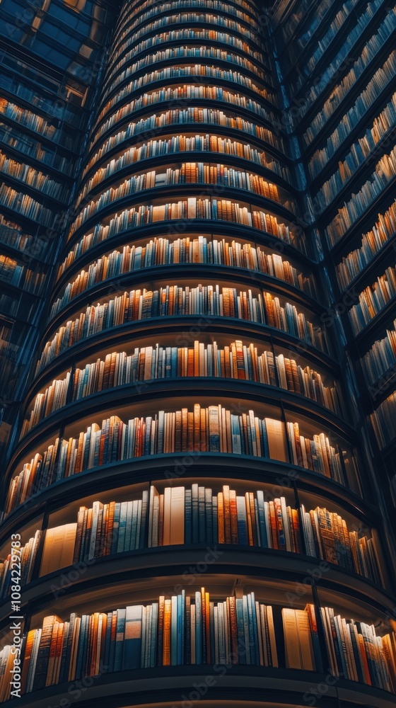 A library tower made of glowing books, with light streaming from the ...