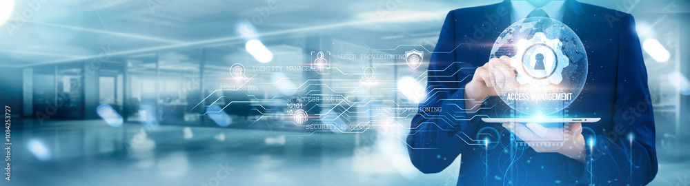 Man using tablet with secure access management, user authentication ...