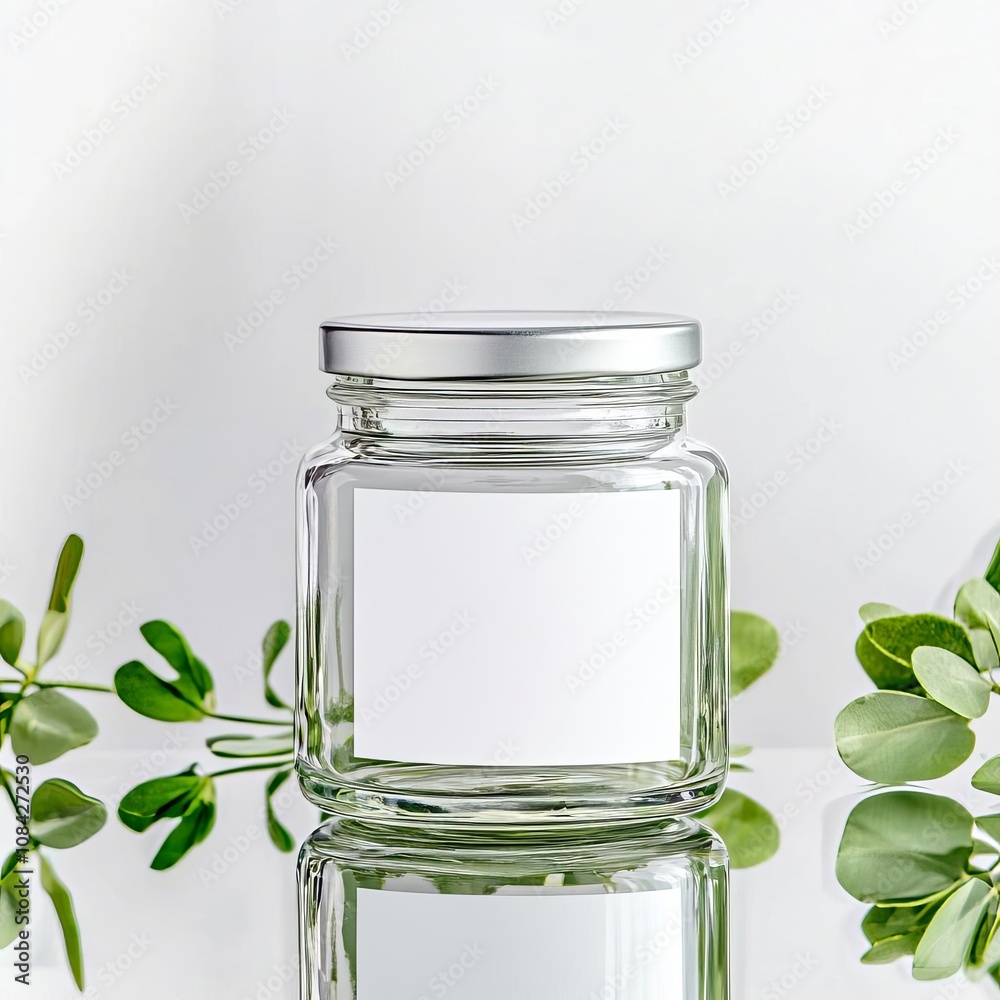 Glass jar mockup with blank label, sitting atop a reflective surface ...