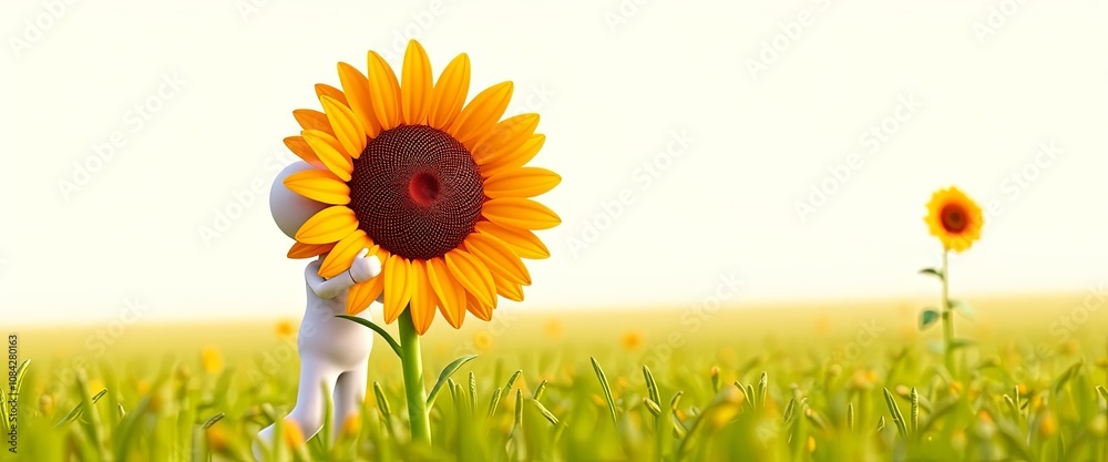 3D stick figure character holding a sunflower in a field, representing ...