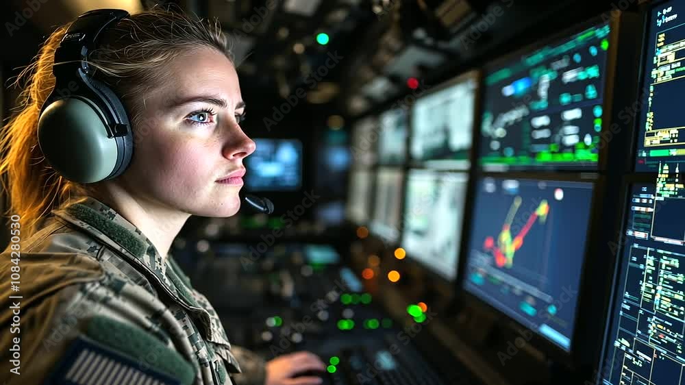 Inside A High Tech Military Operations Center A Woman Officer In Uniform Wearing Headphones