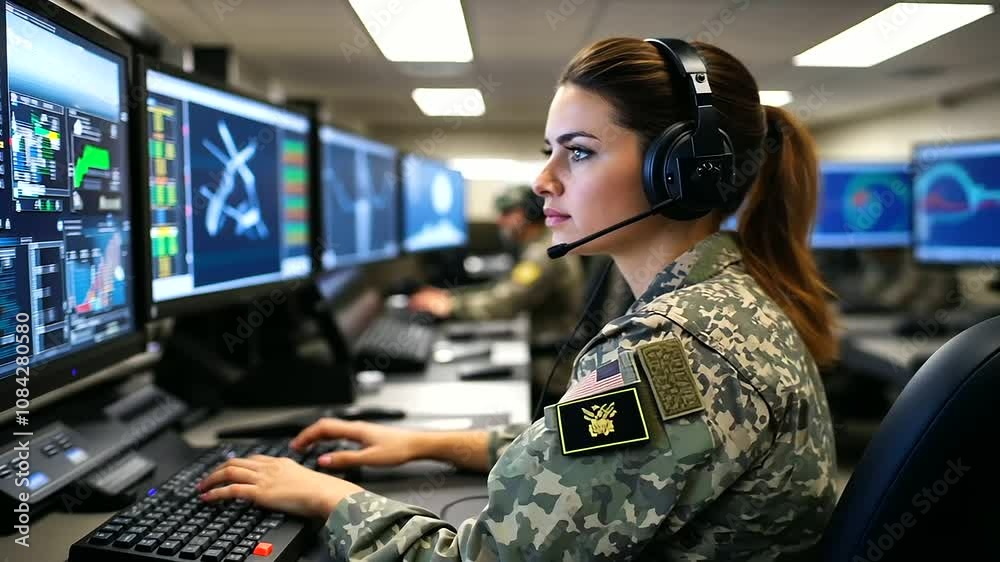 A woman officer with a commanding presence, donning headphones ...