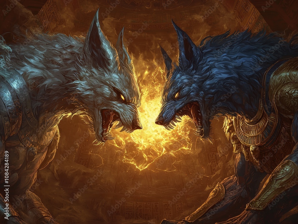 Epic Fantasy Confrontation Intense Wolf Creatures in Ancient Temple ...