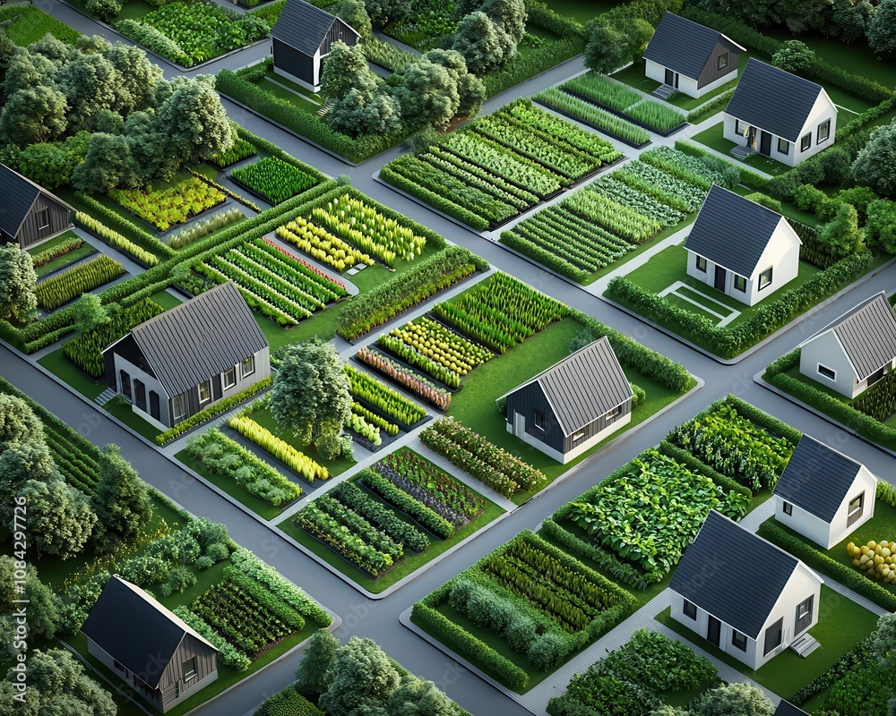 Residential neighborhood with sustainable homes, community gardens, and ...