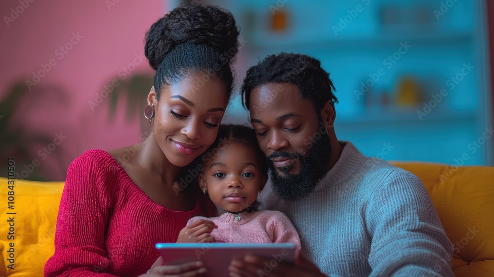 Family Bonding: A portrait of a happy African-American family using a ...