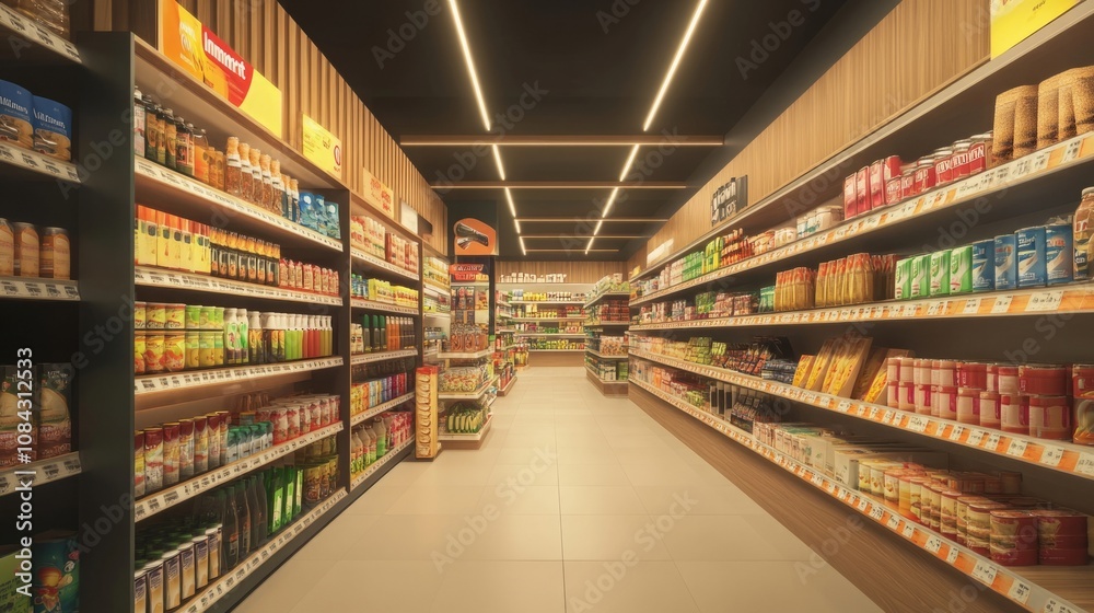 Artistic representation of an aisle in an Indomaret store, with shelves ...