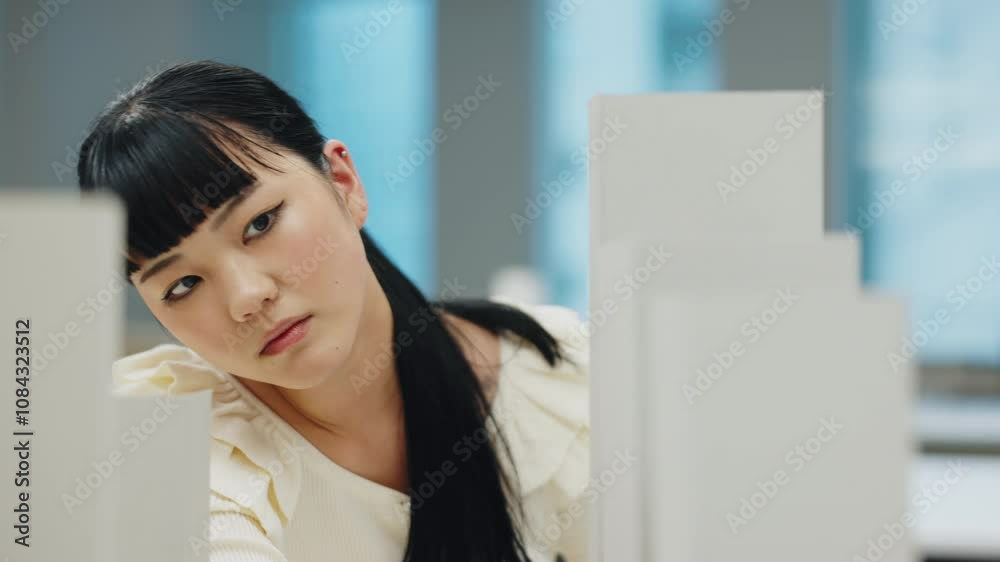 Woman, student and architecture with building model for floor plan ...