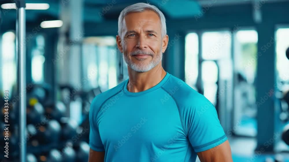 A fit senior man stands in a gym, confidently smiling and embodying a ...