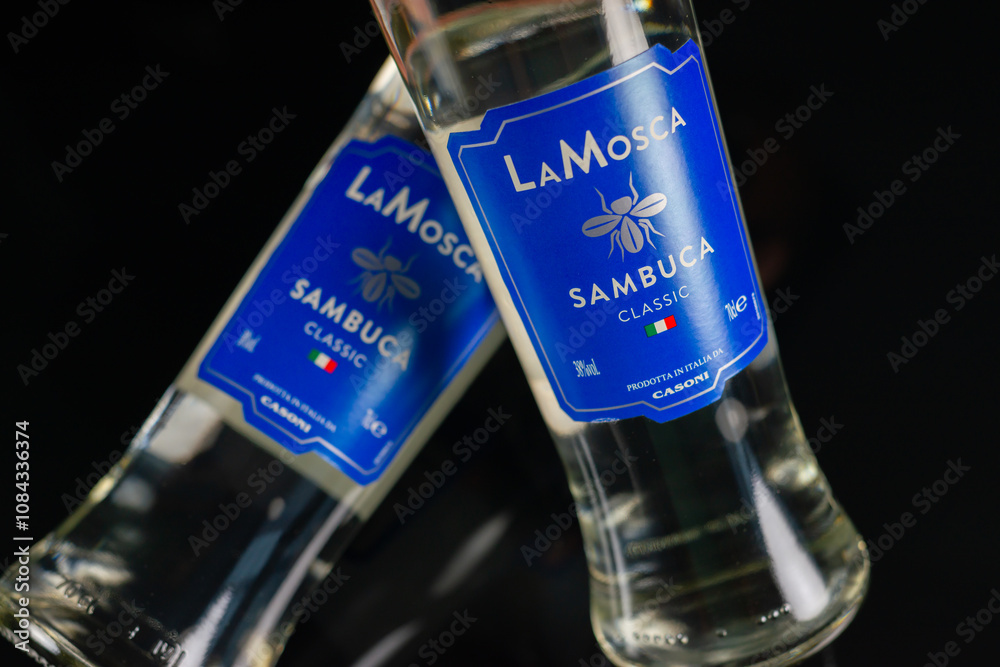 LONDON, UNITED KINGDOM - JULY 25, 2024 Bottles of LaMosca Sambuca Classic, aniseed liqueurs ...