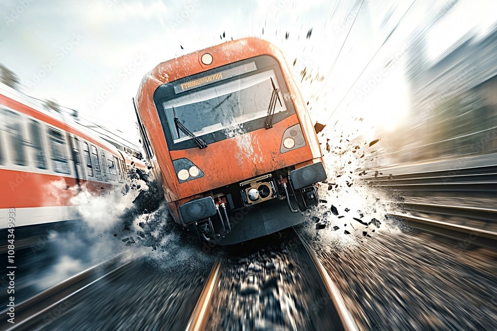 Photo & Art Print Orange commuter train derailing from the tracks and ...