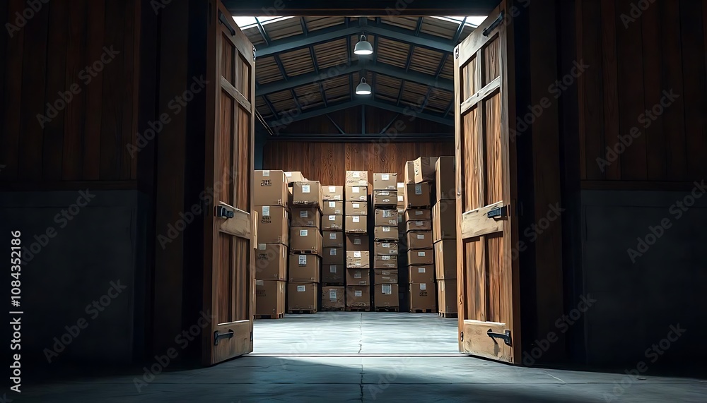 A large warehouse interior with rows of stacked cardboard boxes visible ...