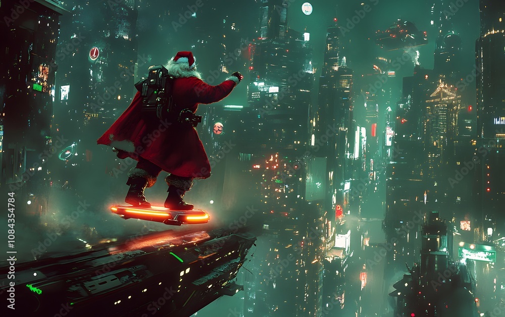 In a futuristic cityscape, Santa Claus rides a hoverboard, blending ...
