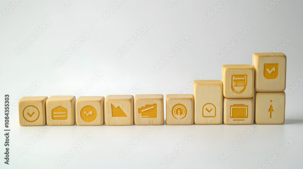 A row of wooden cubes arranged like steps each cube displaying an icon ...