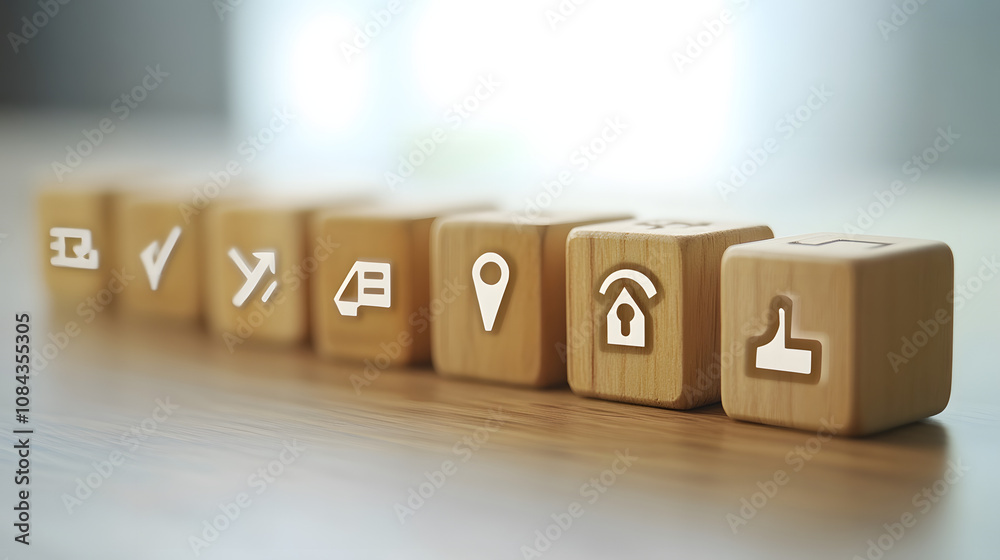 A row of wooden cubes arranged like steps each cube displaying an icon ...