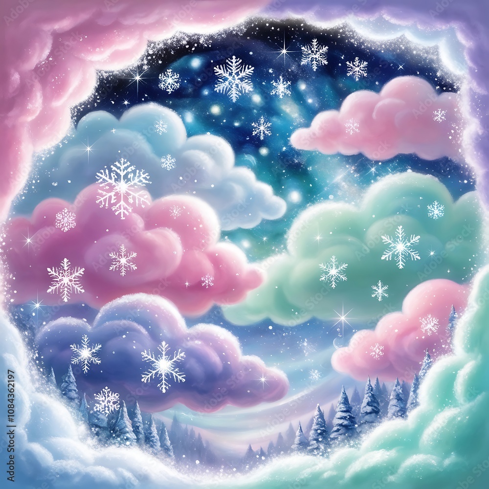 Pine trees are covered with snow on a frosty evening. Beautiful winter ...