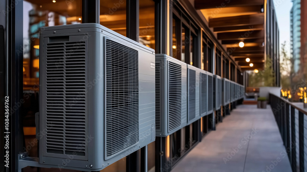 Outdoor air conditioning units installed on the side wall of a modern ...