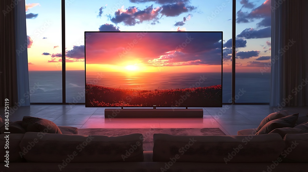 Modern living room interior with a large flat-screen television and ...