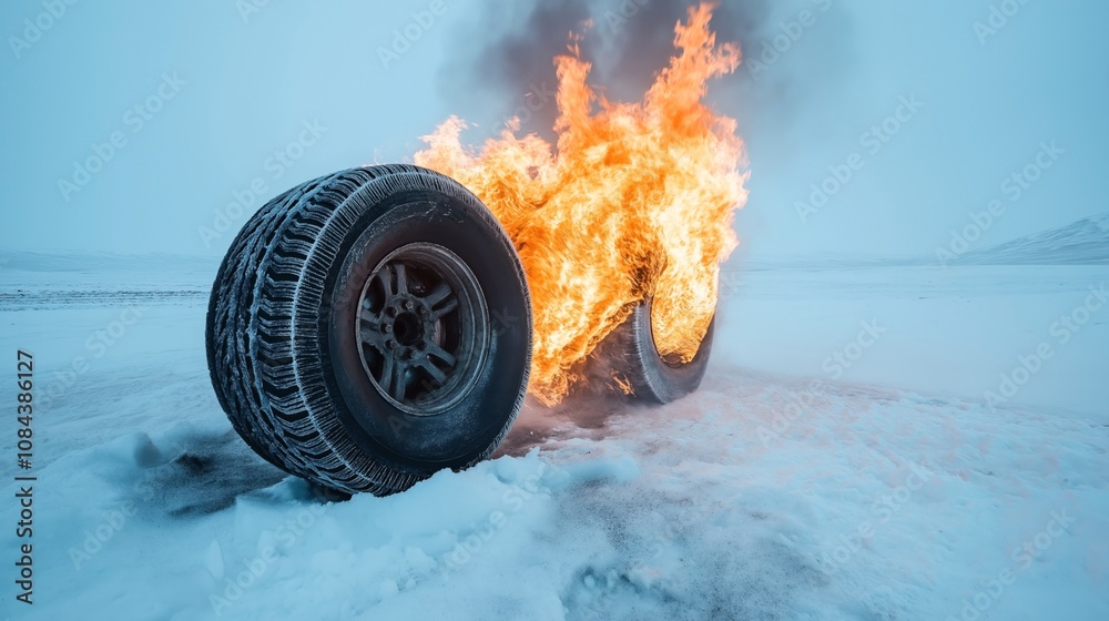 Two car tires on fire in a snowy landscape emitting black smoke into ...