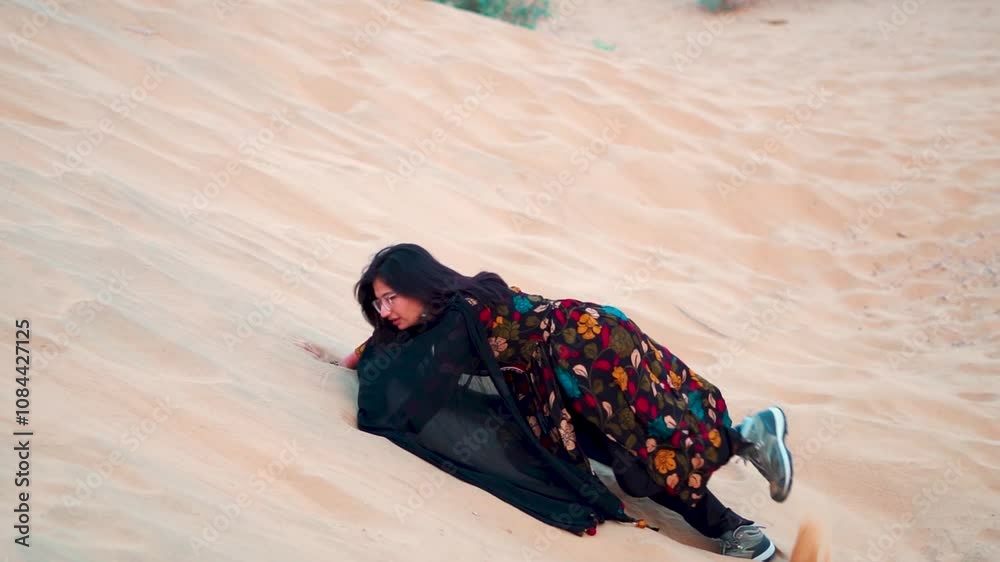 Indian girl falling on sand dune at Jaisalmer, Rajasthan, India. Girl ...