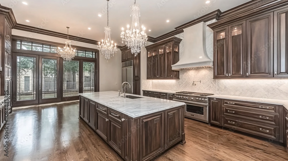Classic Victorian kitchen with dark wood cabinetry, marble countertops ...