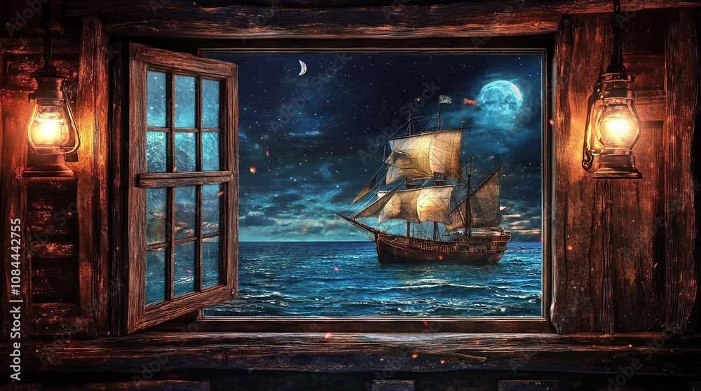 Majestic galleon on the ocean at night seen from a window with ...