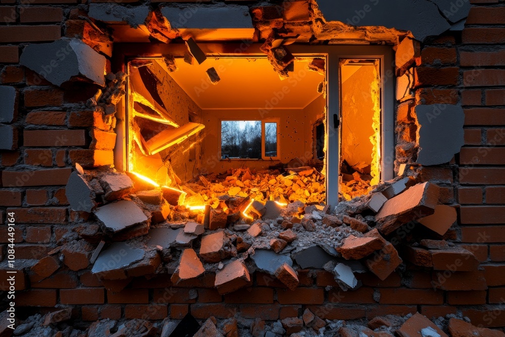 Ultra-realistic war-torn building with broken windows, rubble, and ... Ultra-realistic war-torn building with broken windows, rubble, and ...