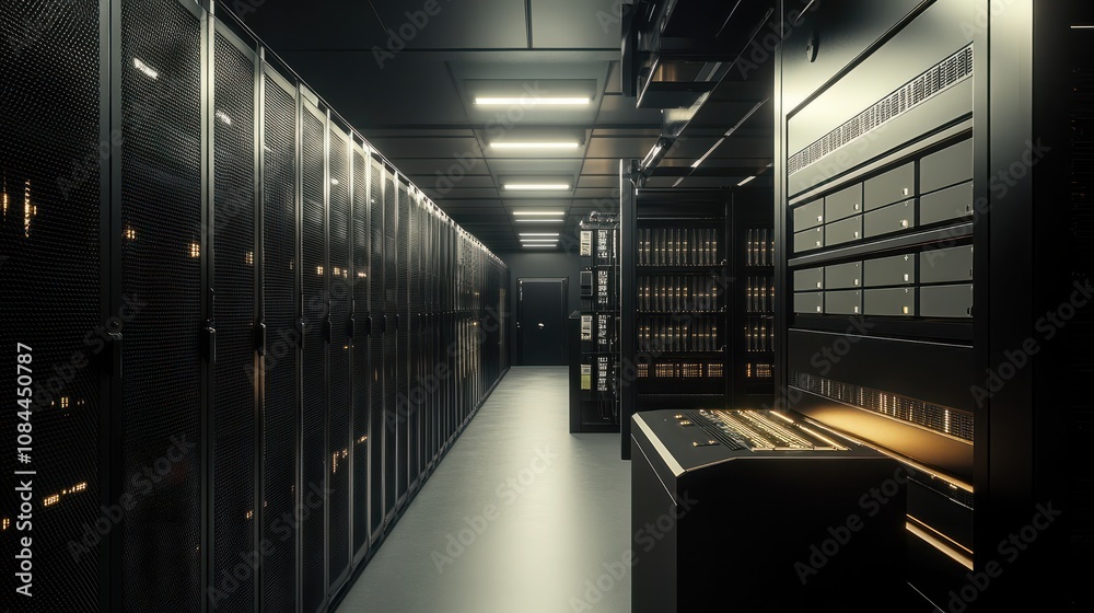 High-tech server room data center with rows of computer racks storing vast amounts of ...