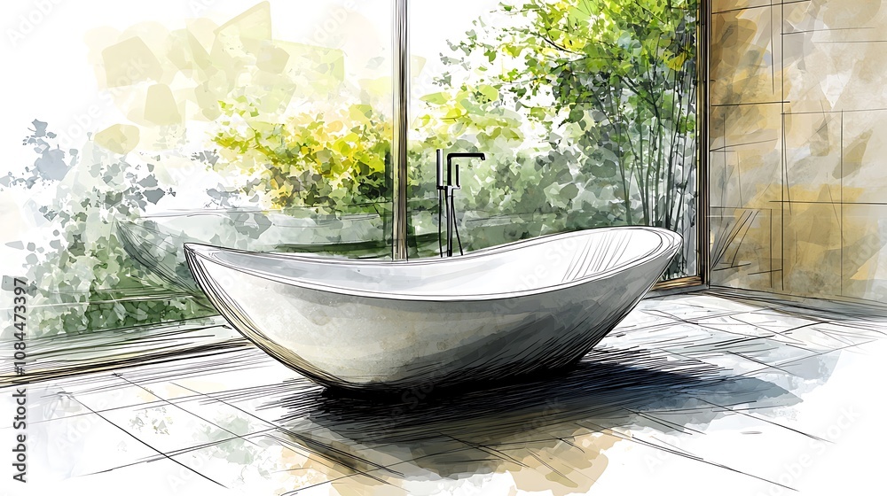 Artistic sketch of a modern bathtub showcased in a contemporary setting ...