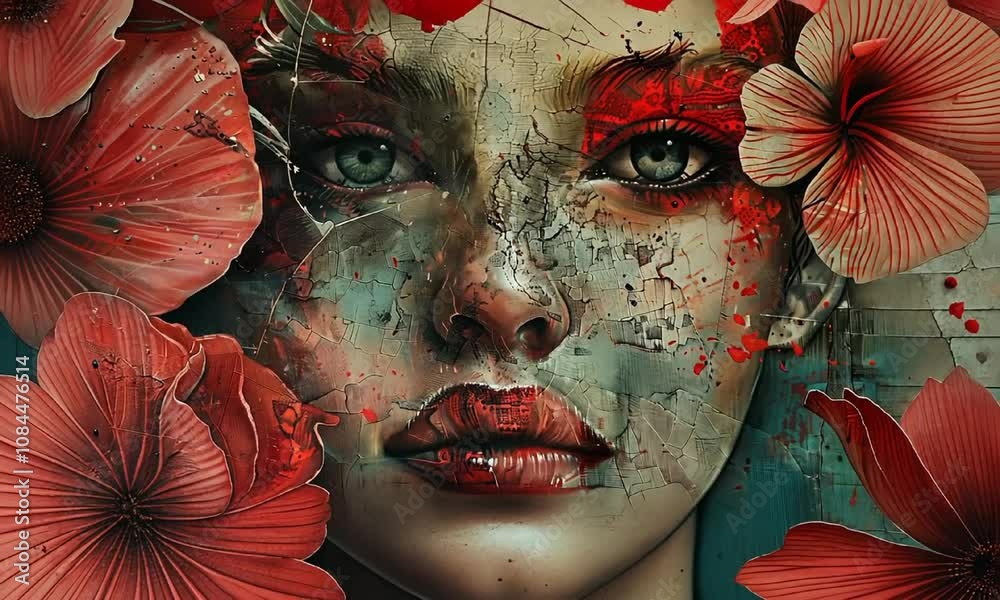 Tattered woman face artistically blended with red flowers video ...