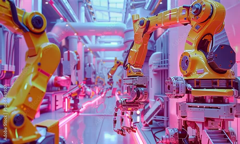 Futuristic robotic assembly line with robotic arms video animation, ai ... Futuristic robotic assembly line with robotic arms video animation, ai ...