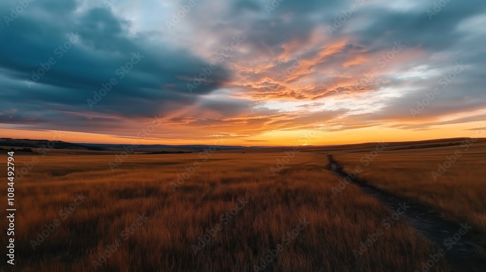 Expansive open field at sunset with dramatic clouds and golden lighting ...