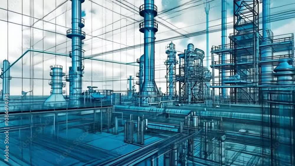 Detailed architectural blueprint in 3d style of an industrial complex ...