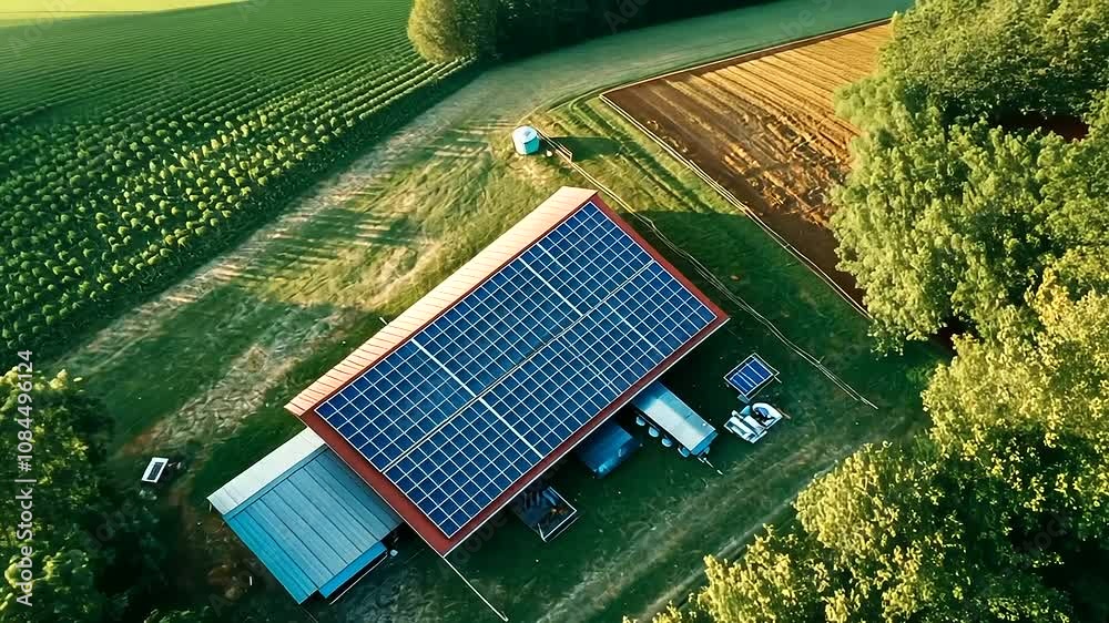An aerial view of a high-tech pig farm equipped with solar panels and ...
