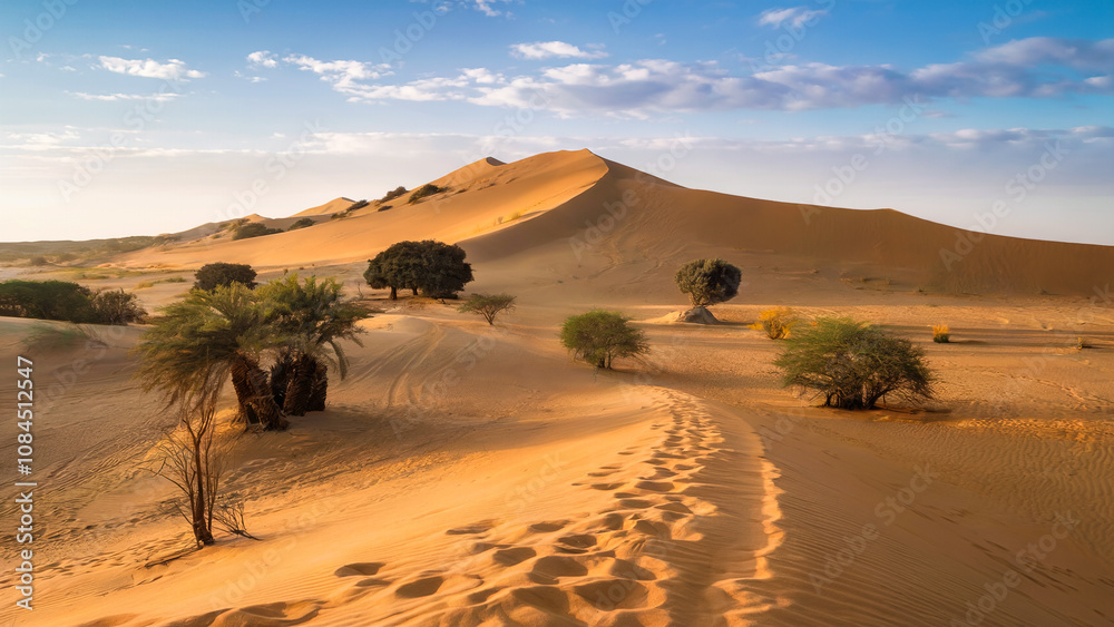 A winding path through golden sand dunes in the Sahara Desert. The path ...