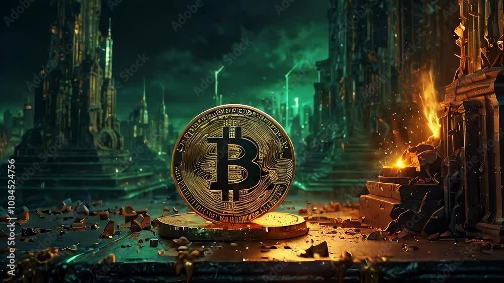 Golden Bitcoin standing on pedestal in dystopian futuristic cityscape ...