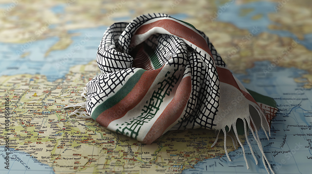 The Palestine scarf Keffiyeh is illustrated on a map of Palestine ...