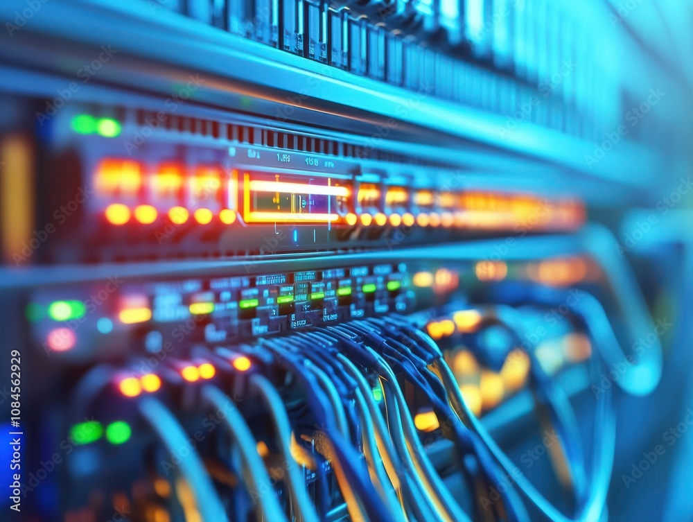 Server racks, electric cables and wires representing fiber optic ...