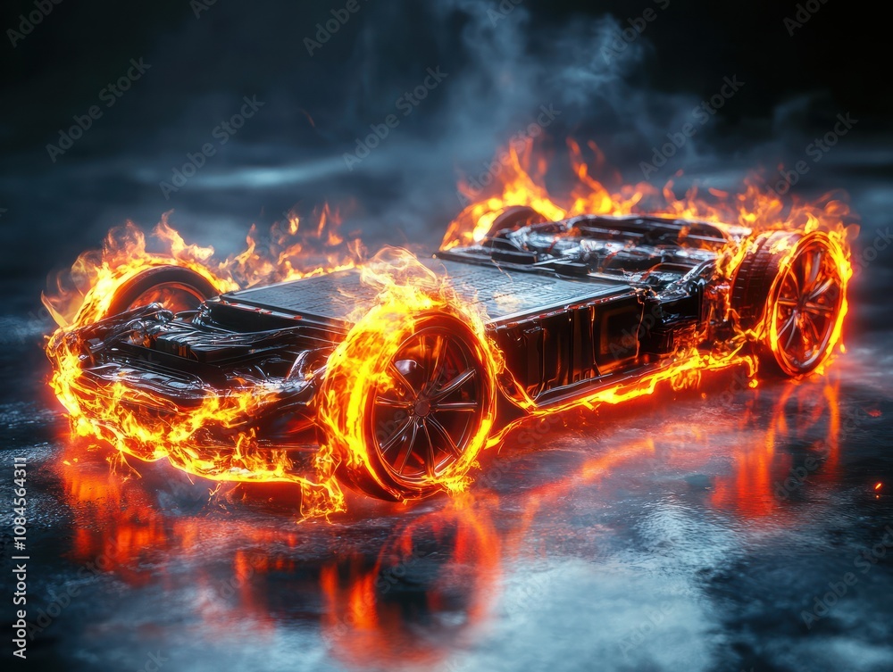 Stock image of electric car lithium battery fire illustrating thermal ...