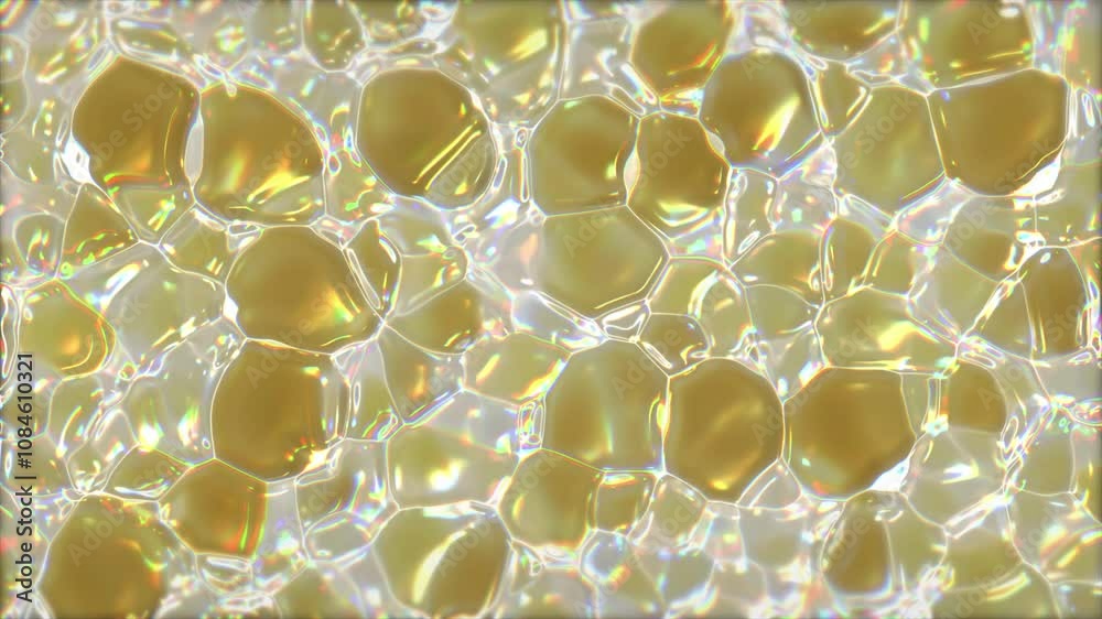 3d animation of gold bubble cells. Visuals effect of soap bubbles or ...