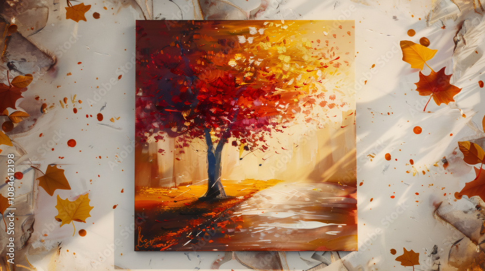 autumn street art, a grunge-style painting of autumn leaves on a street ...