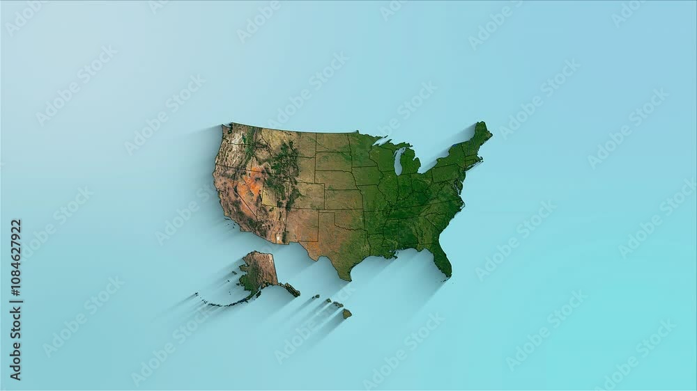 USA animated map showing regions forming the country with a physical ...