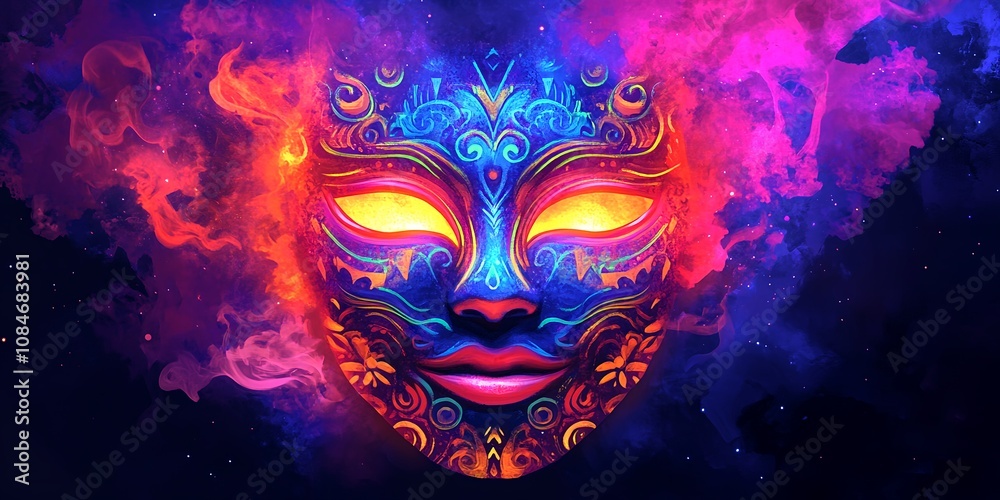 Colorful Cultural Mask With Intricate Designs and Glowing Eyes Set ...