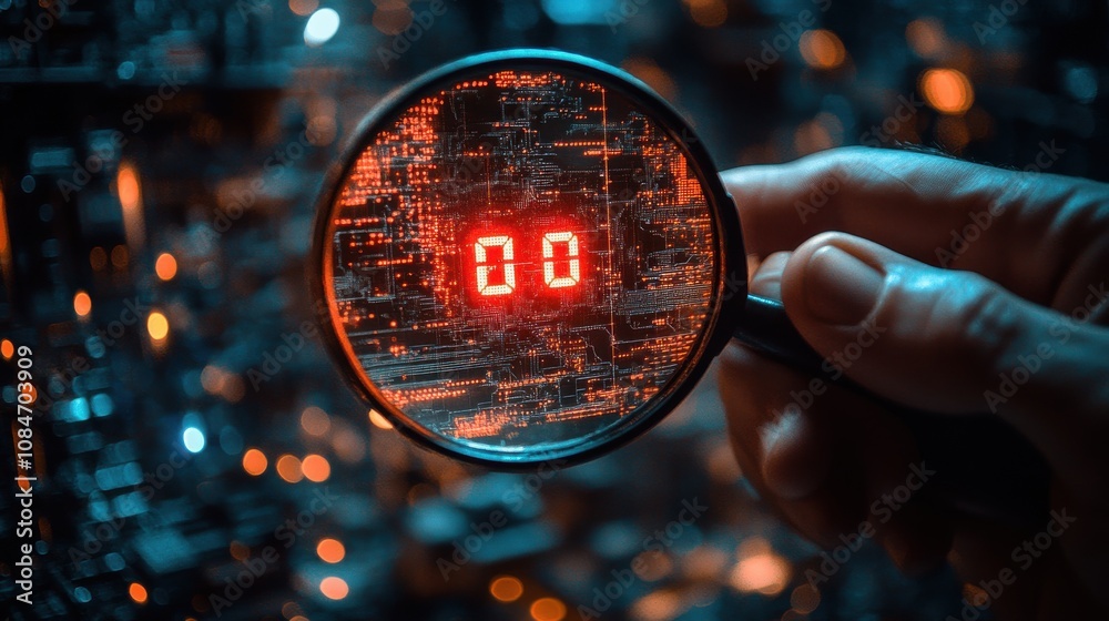 system warning alert cyber security concept hand holds magnifying glass ...