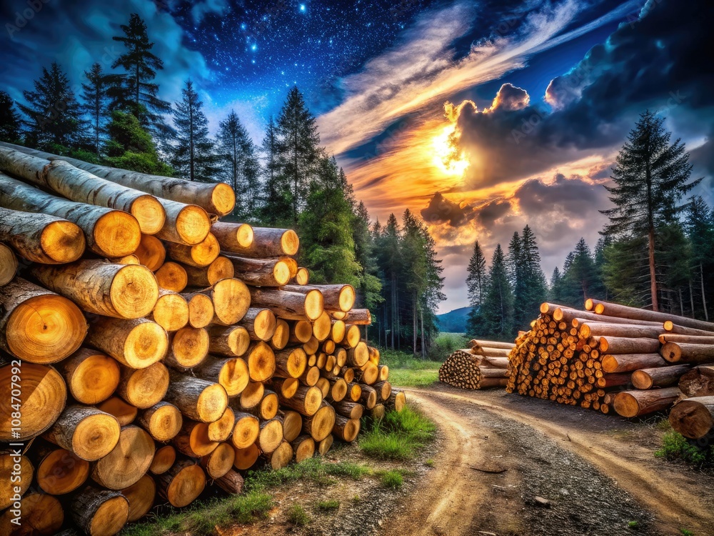 Night Photography of a Stack of Wooden Logs - Pile of Cut Timber for ...