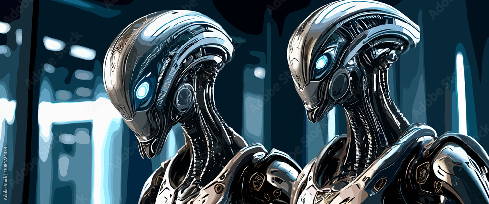 Two futuristic humanoid robots with sleek metallic designs and glowing ...